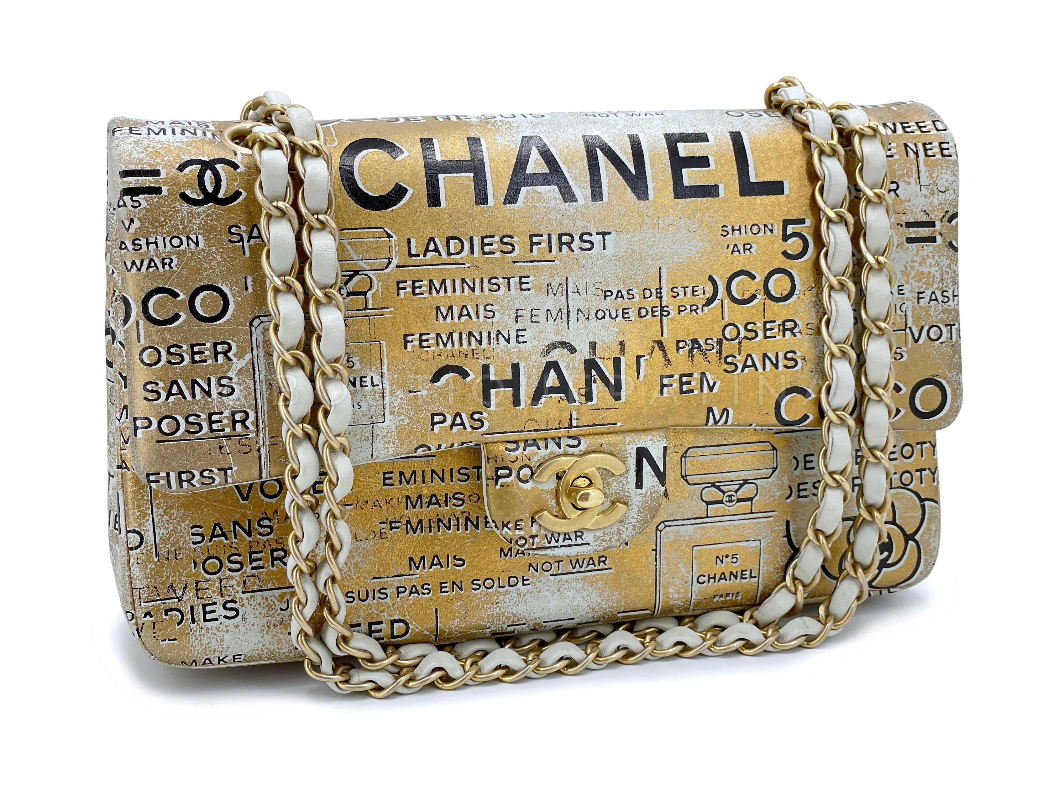 Chanel Newspaper Flap Bag 2015 Gold Graffiti Medium Double Classic GHW ...